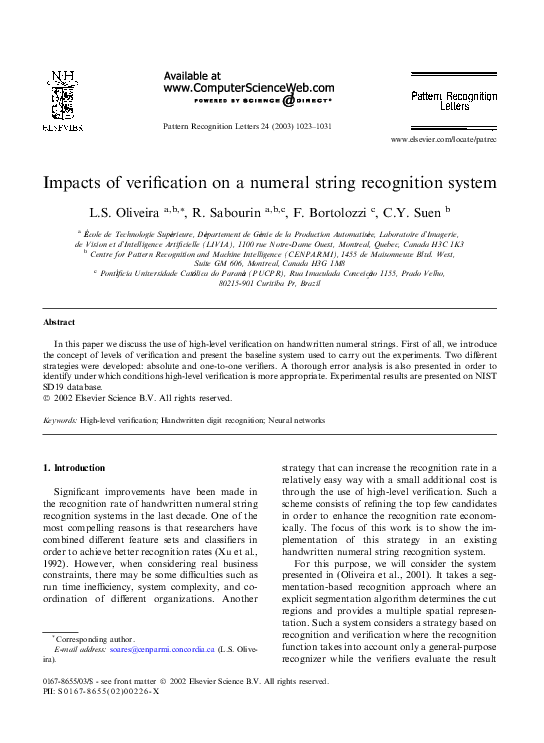 Pdf Impacts Of Verification On A Numeral String Recognition System
