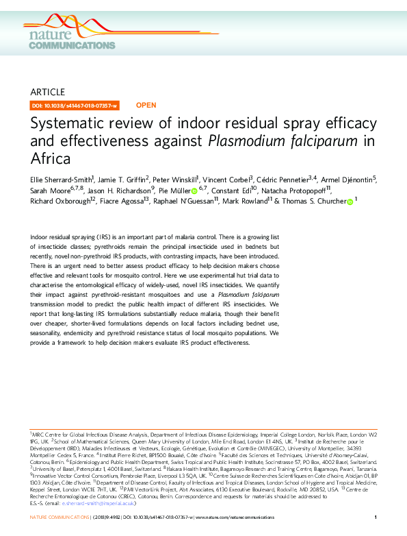 Pdf Systematic Review Of Indoor Residual Spray Efficacy And Effectiveness Against Plasmodium