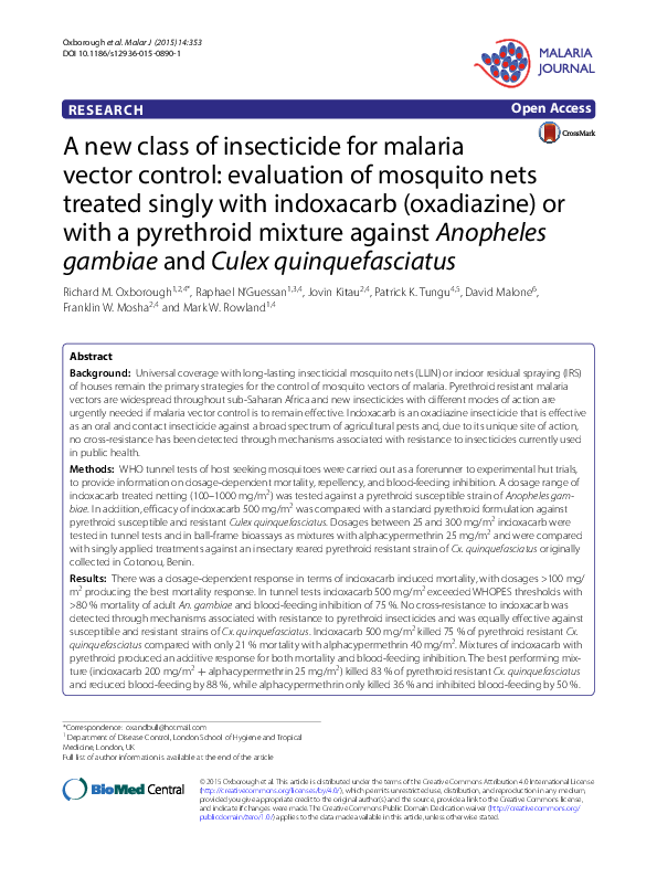 (PDF) A new class of insecticide for malaria vector control: evaluation ...