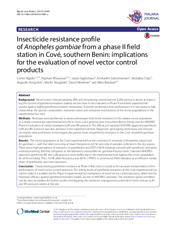 (PDF) Insecticide resistance profile of Anopheles gambiae from a phase II field station in Cové ...
