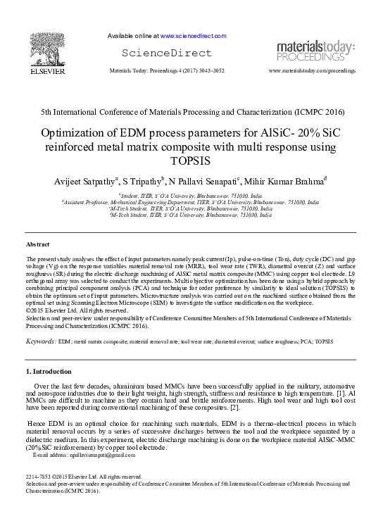 (PDF) Optimization of EDM process parameters for AlSiC- 20% SiC reinforced metal matrix ...