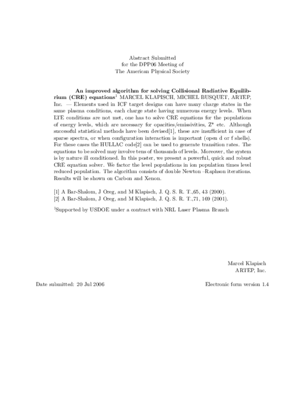 (PDF) An improved algorithm for solving Collisional Radiative Equilibrium (CRE) equations