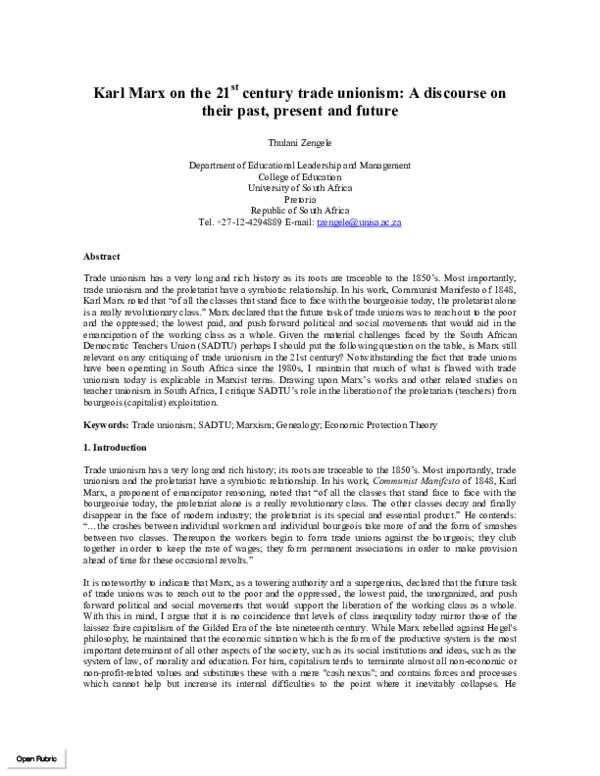 (PDF) Karl Marx on the 21 st century trade unionism: A discourse on ...