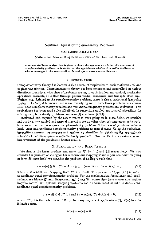 (PDF) Nonlinear quasi complementarity problems