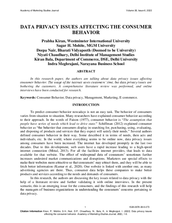 (PDF) DATA PRIVACY ISSUES AFFECTING THE CONSUMER BEHAVIOR