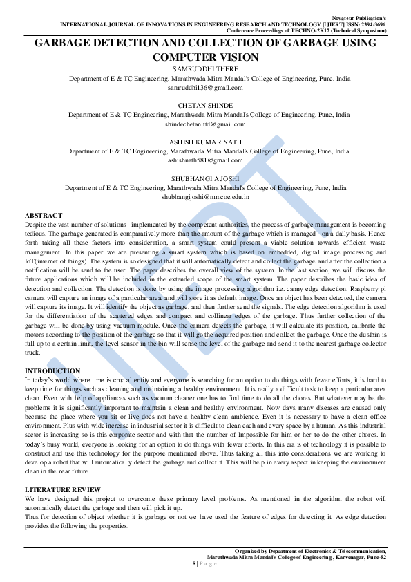 (PDF) Garbage Detection and Collection of Garbage Using Computer Vision