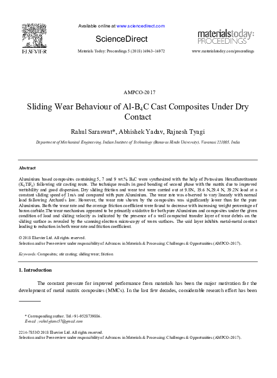 Pdf Sliding Wear Behaviour Of Al B4c Cast Composites Under Dry Contact