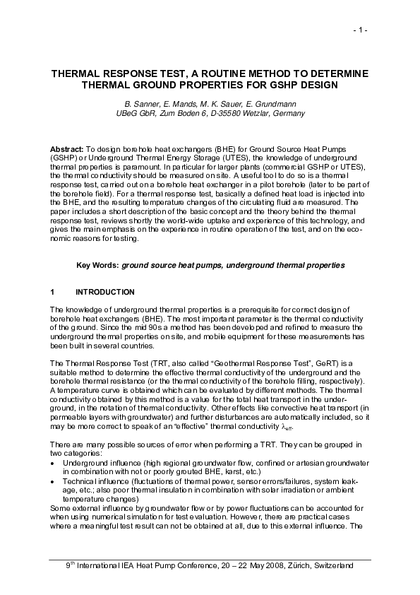 (PDF) Thermal Response Test, a Routine Method to Determine Thermal ...