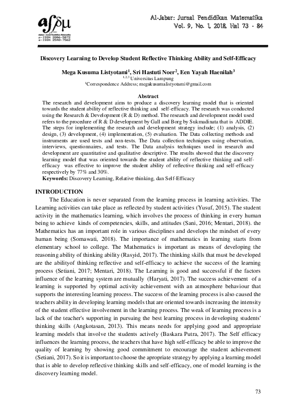 (PDF) Discovery Learning to Develop Student Reflective Thinking Ability and Self-Efficacy
