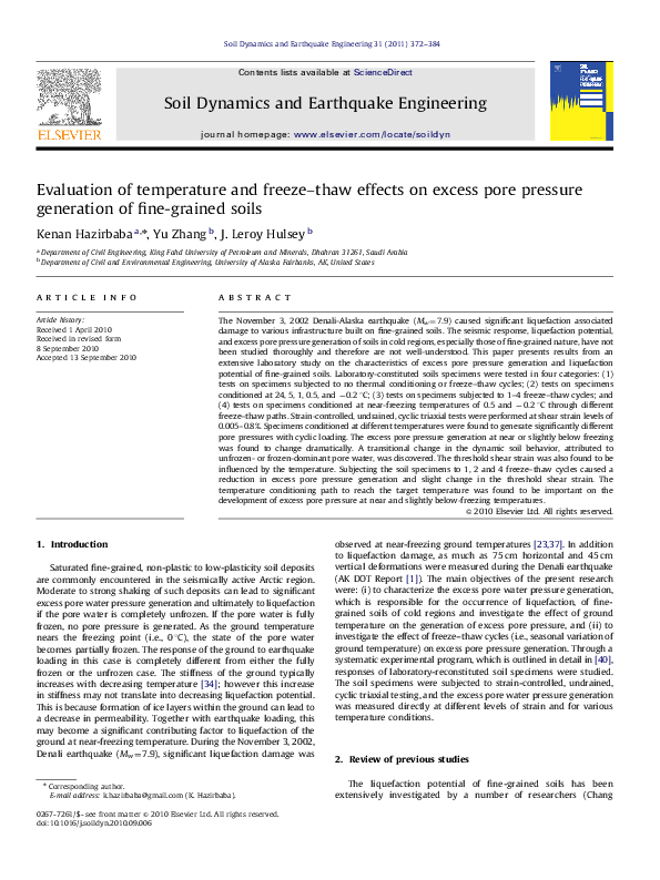 (PDF) Evaluation of temperature and freeze–thaw effects on excess pore pressure generation of ...
