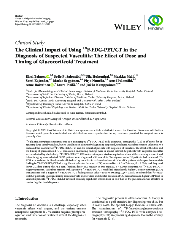 (PDF) The Clinical Impact of Using 18F-FDG-PET/CT in the Diagnosis of Suspected Vasculitis: The ...