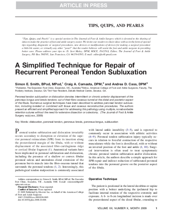 (PDF) A Simplified Technique for Repair of Recurrent Peroneal Tendon ...