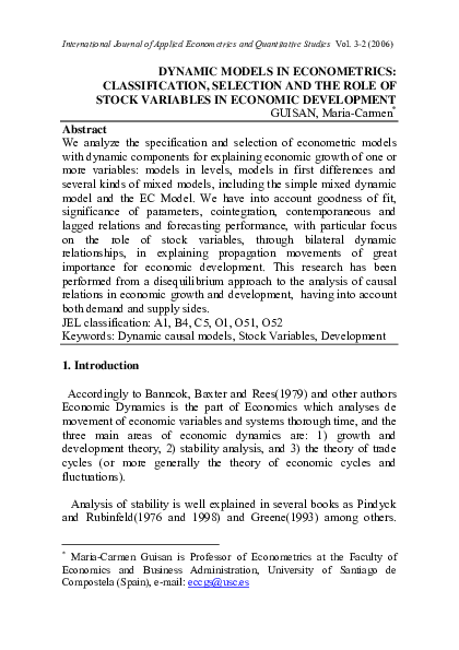 (PDF) Dynamic Models in Econometrics: Classification, Selection and the Role of Stock Variables ...