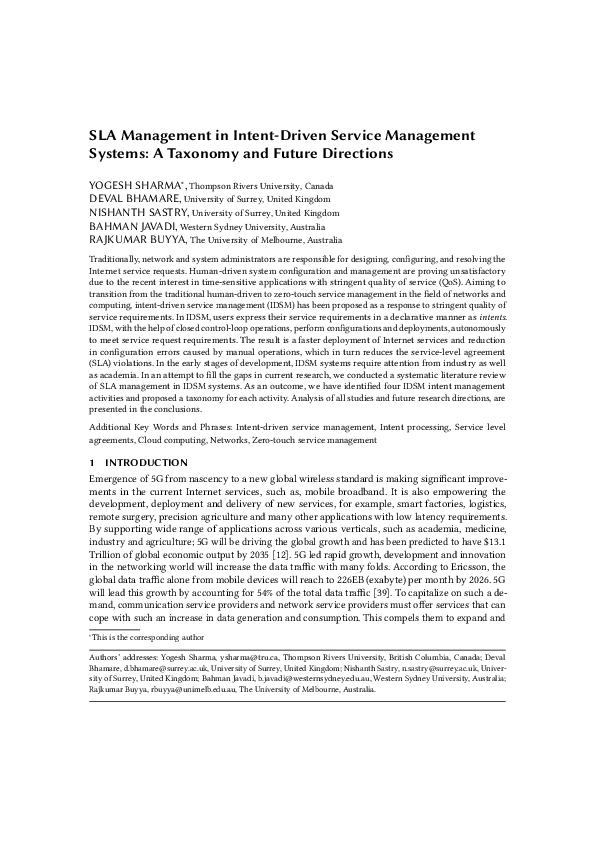 (PDF) SLA Management in Intent-Driven Service Management Systems: A Taxonomy and Future Directions