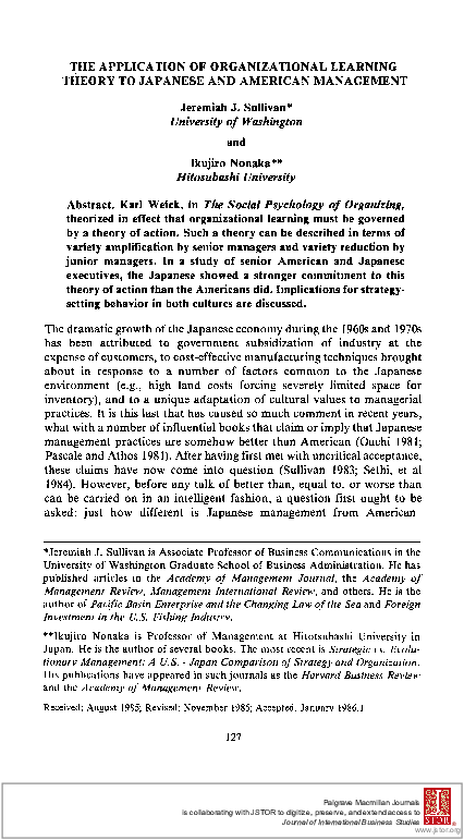 (PDF) The Application of Organizational Learning Theory to Japanese and American Management