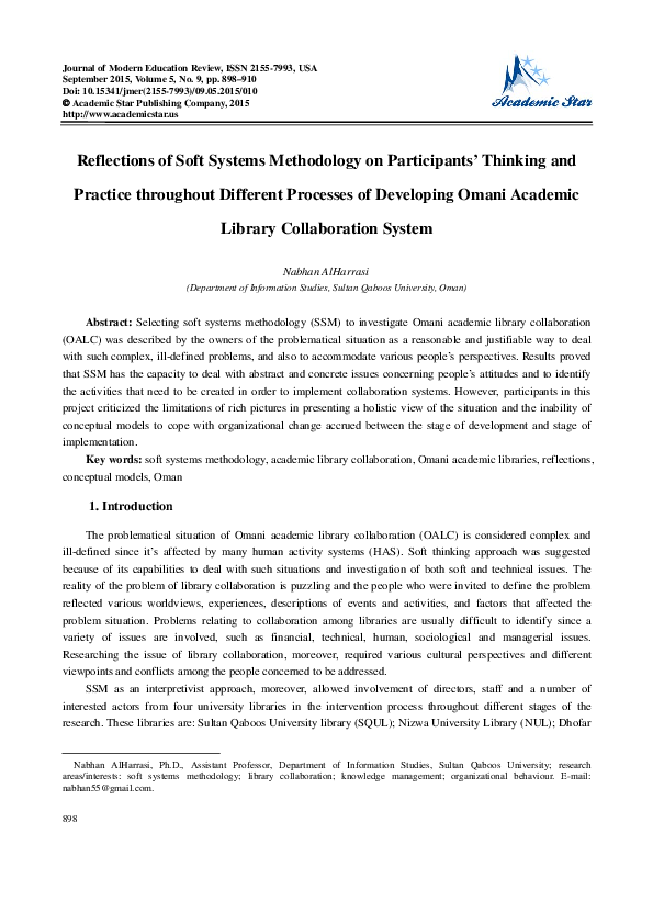 (PDF) Reflections of Soft Systems Methodology on Participants’ Thinking ...