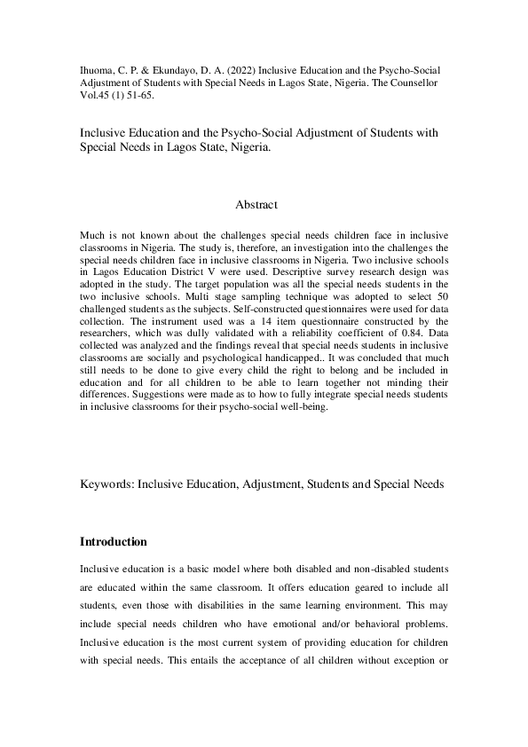 (PDF) Inclusive Education and the Psycho-Social Adjustment of Students ...
