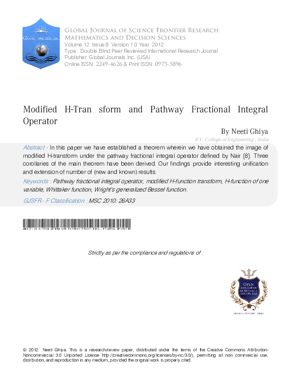 (PDF) Modified H -Transform and Pathway Fractional Integral Operator