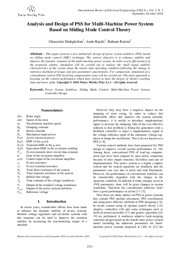 Pdf Analysis And Design Of Pss For Multi Machine Power System Based