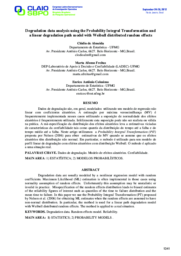 (PDF) Degradation data analysis using the Probability Integral Transformation and a linear ...