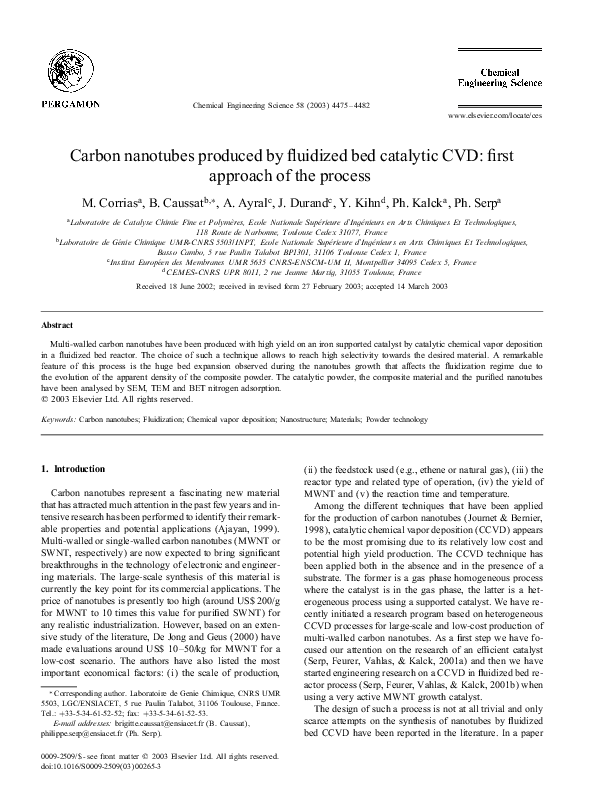 (PDF) Carbon nanotubes produced by fluidized bed catalytic CVD: first ...