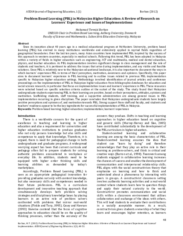(PDF) Problem Based Learning (PBL) in Malaysian Higher Education: A ...