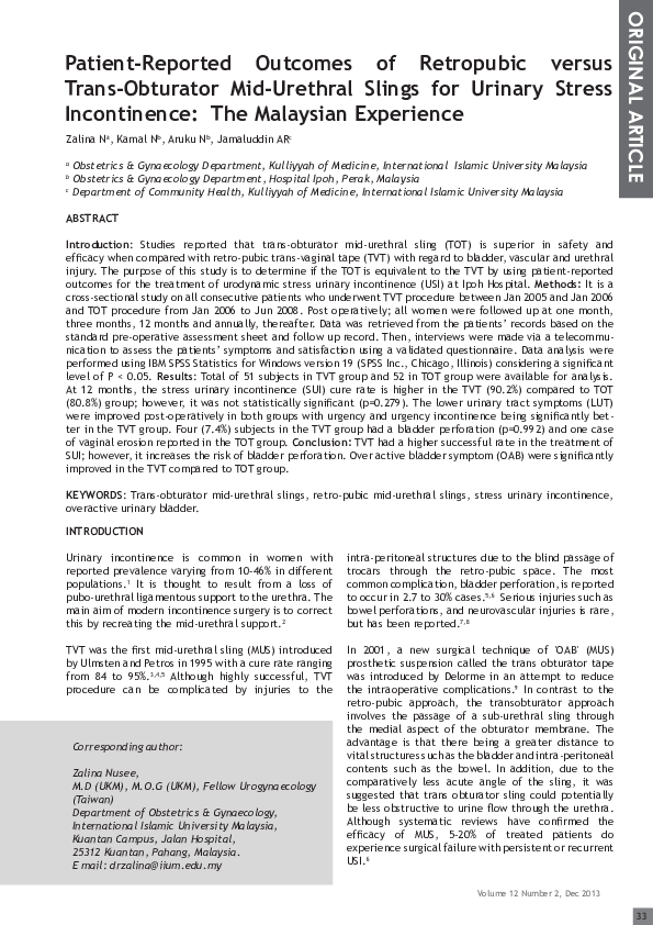 (PDF) Patient-reported outcomes of retropubic versus trans-obturator ...