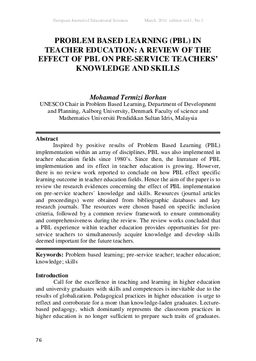 (PDF) Problem Based Learning (PBL) in Teacher Education: A Review of the Effect of PBL on Pre ...