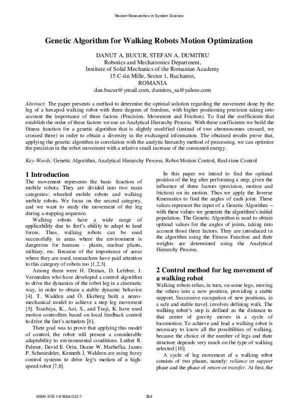 Pdf Genetic Algorithm For Walking Robots Motion Optimization