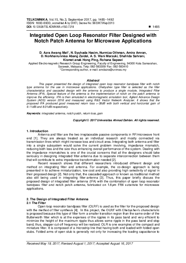 Pdf Integrated Open Loop Resonator Filter Designed With Notch Patch