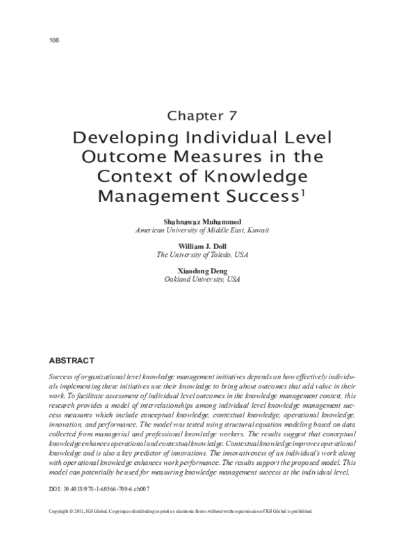 (PDF) Developing Individual Level Outcome Measures in the Context of Knowledge Management Success