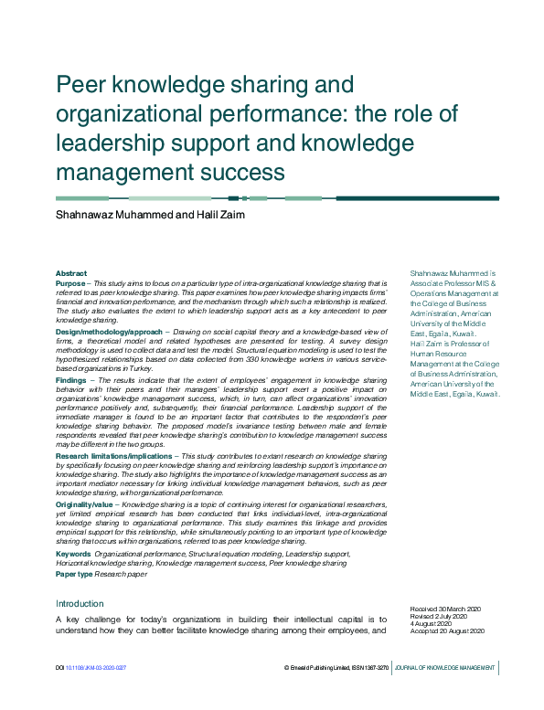 (PDF) Peer knowledge sharing and organizational performance: the role of leadership support and ...