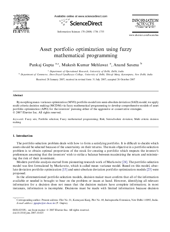 Asset Portfolio Optimization Using Fuzzy Mathematical Programming 9472