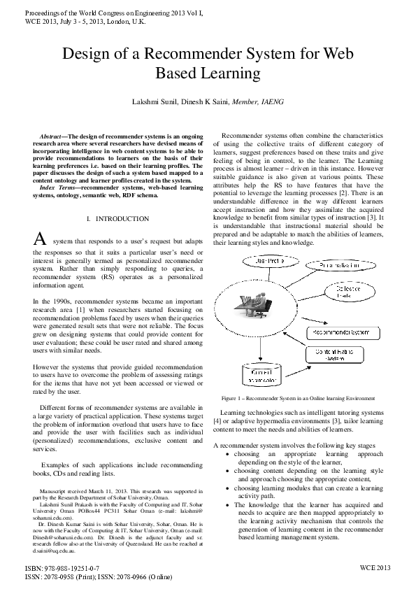 (PDF) Design of a Recommender System for Web Based Learning | Dinesh saini - Academia.edu