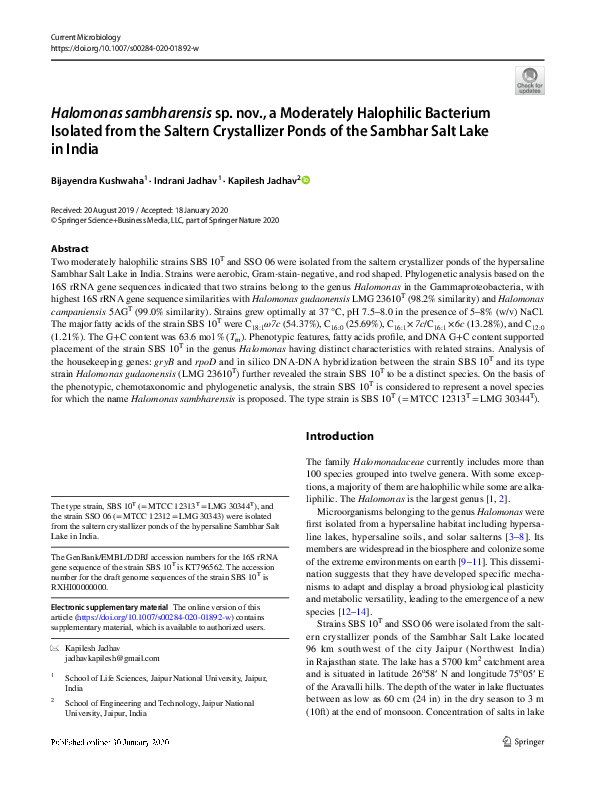 (PDF) Halomonas sambharensis sp. nov., a Moderately Halophilic Bacterium Isolated from the ...