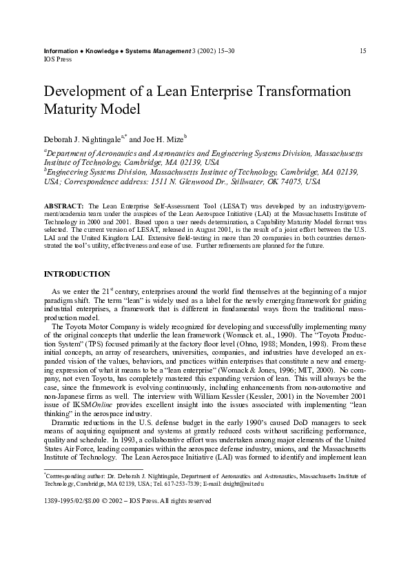 (PDF) Paper 12: Development of a Lean Enterprise Transformation Maturity Model