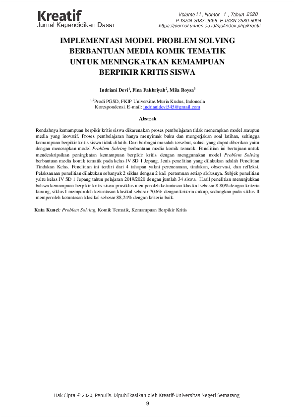 (PDF) Implementasi Model Problem Solving Berbantuan Media Komik Tematik Untuk Meningkatkan ...