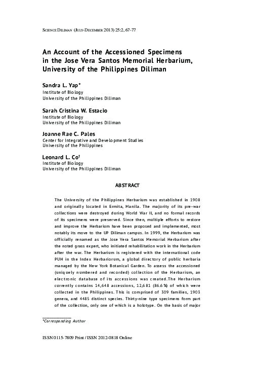 (PDF) An Account of the Accessioned Specimens in the Jose Vera Santos ...