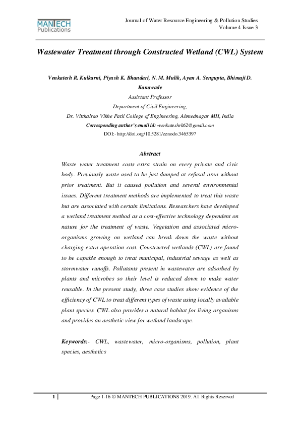 (PDF) Wastewater Treatment through Constructed Wetland (CWL) System