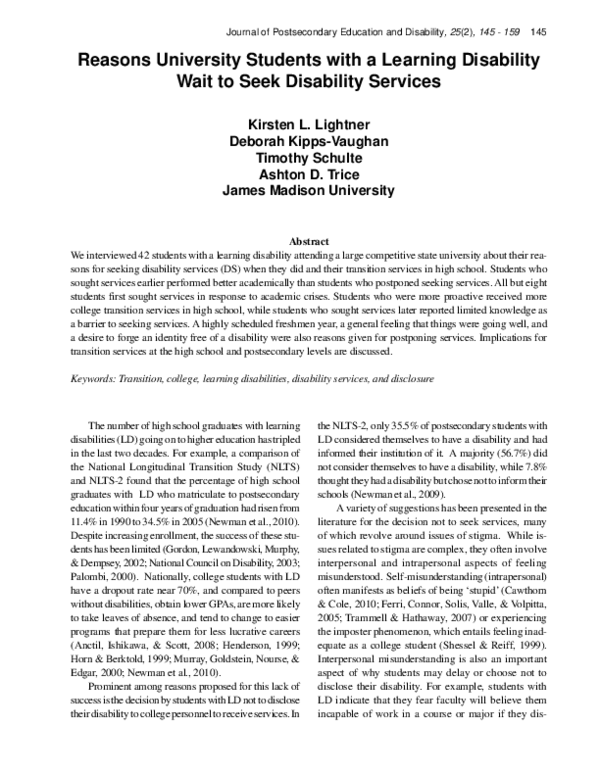 (PDF) Reasons University Students with a Learning Disability Wait to ...