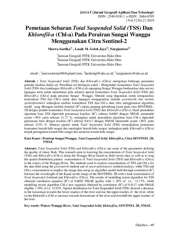 (PDF) Pemetaan Sebaran Total Suspended Solid (TSS) Dan Khlorofil-a (Chl-a) Pada Perairan Sungai ...