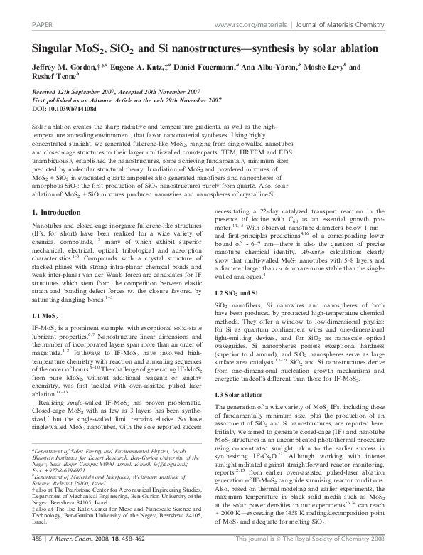 (PDF) Singular MoS2, SiO2and Si nanostructures—synthesis by solar ablation | Eugene Katz ...