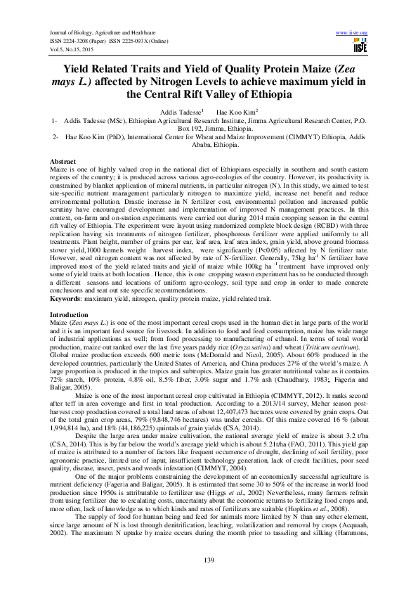 (PDF) Yield Related Traits and Yield of Quality Protein Maize (Zea mays L.) affected by Nitrogen ...