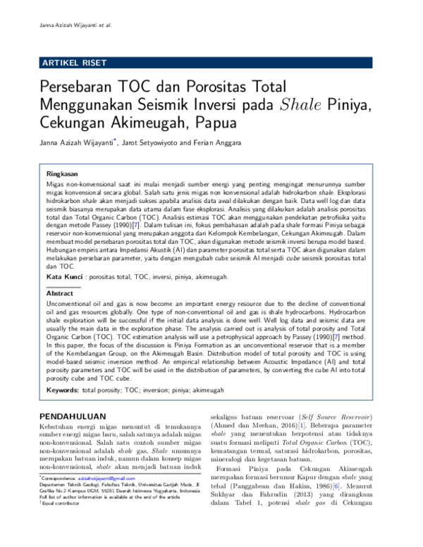(PDF) Persebaran TOC dan Porositas Total Menggunakan Seismik Inversi ...