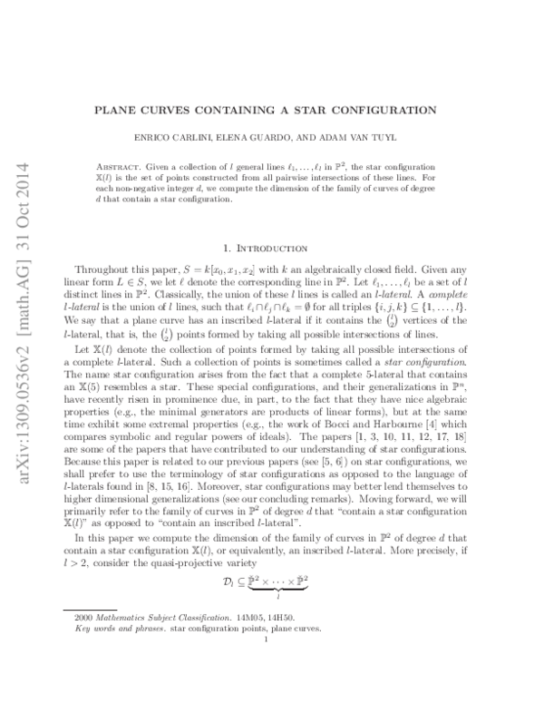 (PDF) Plane curves containing a star configuration