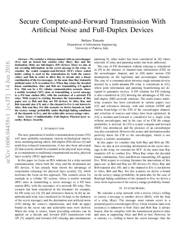 (PDF) Secure compute-and-forward transmission with artificial noise and full-duplex devices