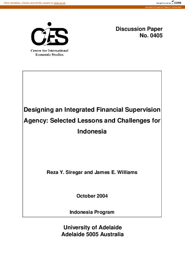 (PDF) Designing an Integrated Financial Supervision Agency: Selected ...