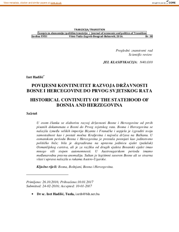 (PDF) Povijesni Kontinuitet Razvoja Državnosti Bosne I Hercegovine Do Prvog Svjetskog Rata