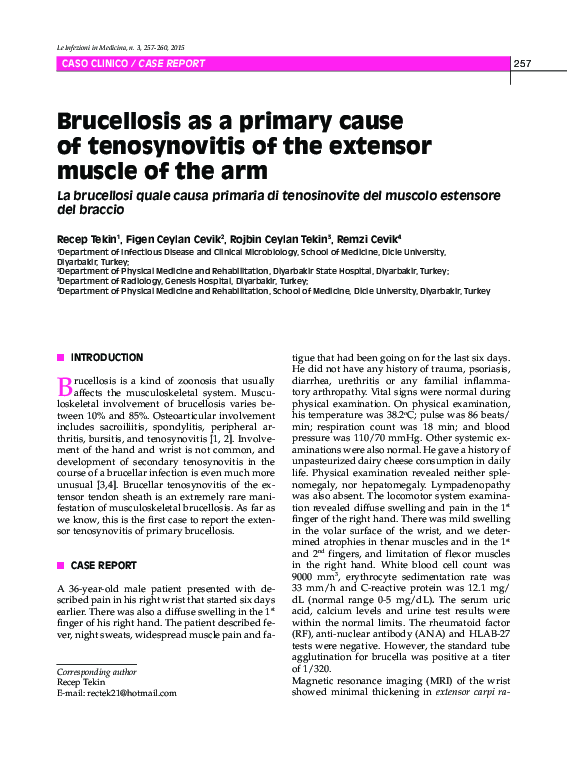 (PDF) Brucellosis as a primary cause of tenosynovitis of the extensor ...