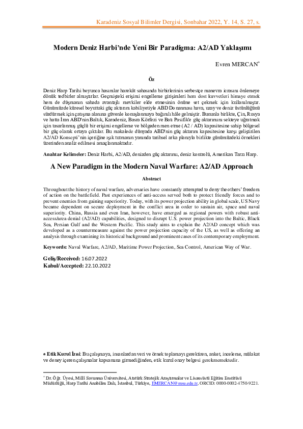 (PDF) Modern Deniz Harbi'nde Yeni Bir Paradigma: A2/AD Yaklaşımı